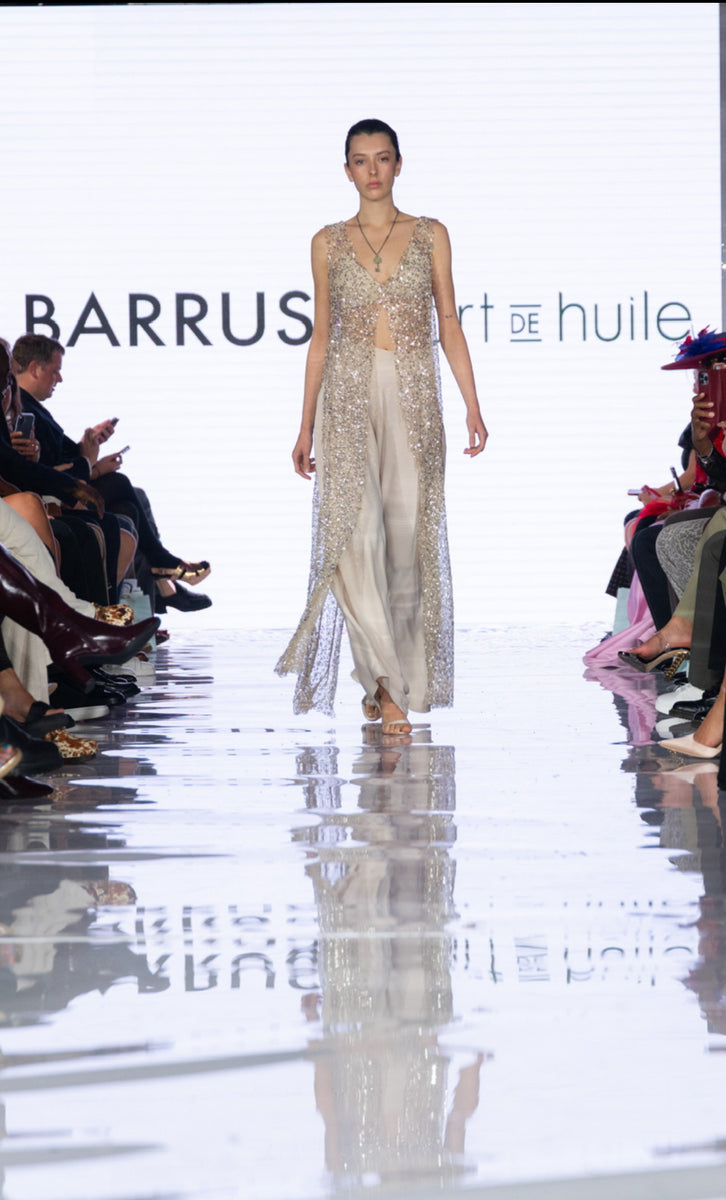 Embellished Longline Sheer Overlay with Crepe Trousers – Barrus London