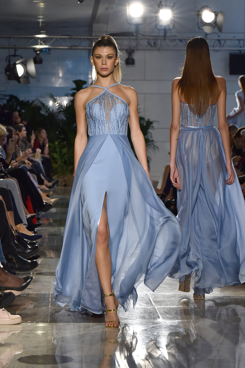 Halter Sleeve Inlaid Dress With Fron Slit – Barrus London